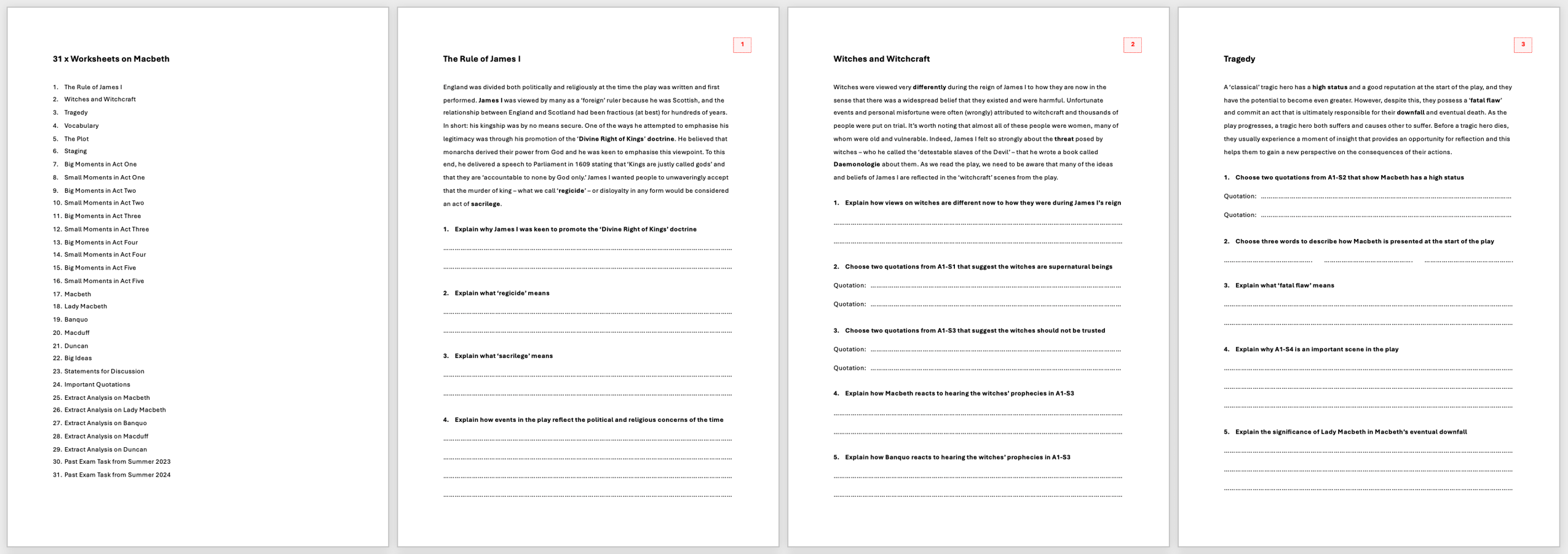 30 x Worksheets on Macbeth | GCSE Teaching Resource