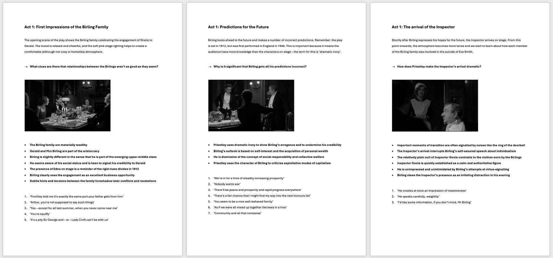 Overview Notes for Key Scenes in An Inspector Calls | KS4 Teaching Resource