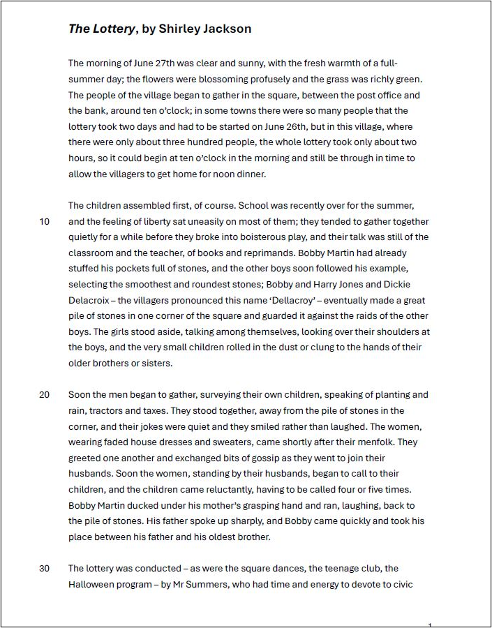 The Lottery by Shirley Jackson - Text and Review Questions