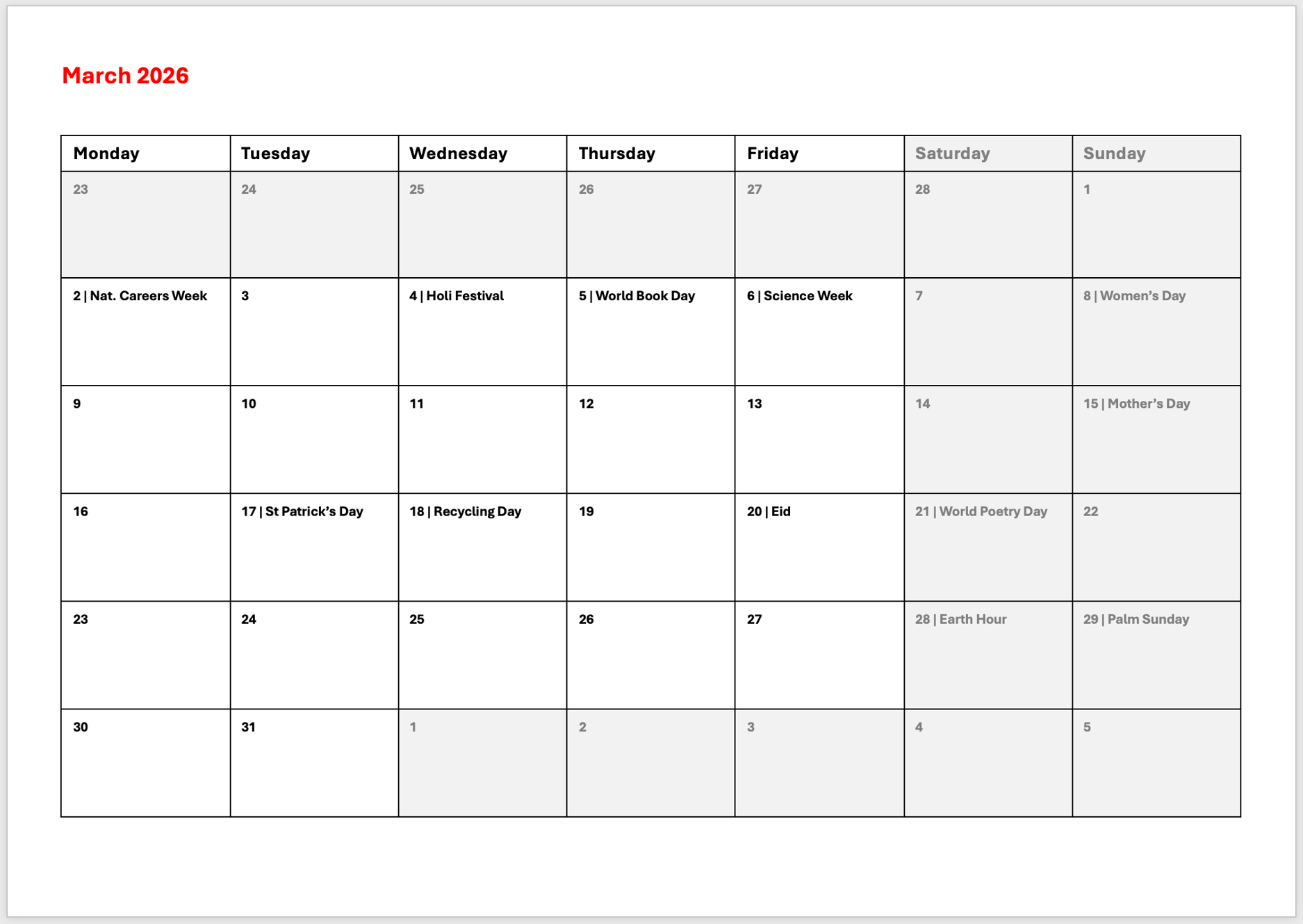 Events and Awareness Days Calendar 2025-26 | Teaching and Learning