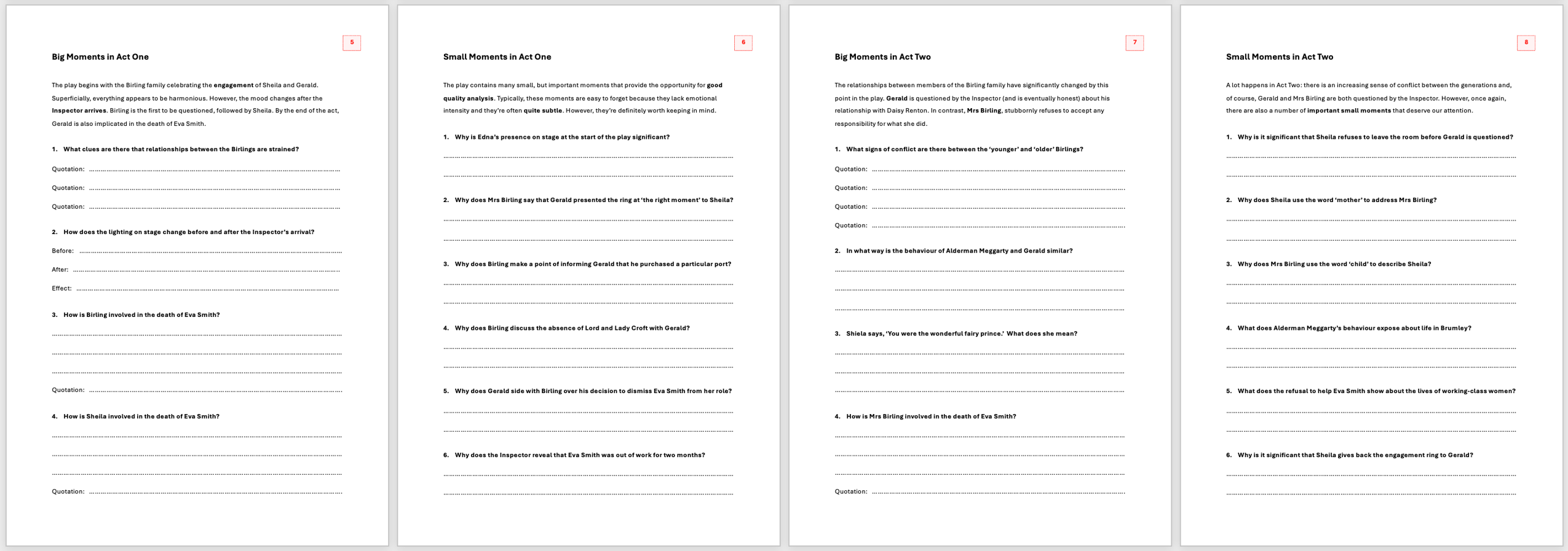 30 x Worksheets on An Inspector Calls | GCSE Teaching Resource