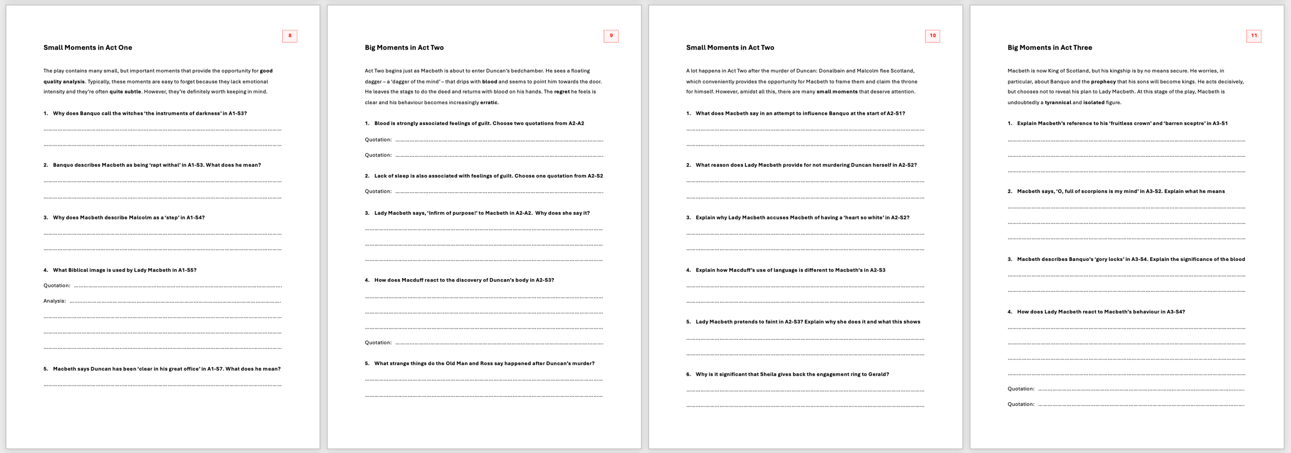 30 x Worksheets on Macbeth | GCSE Teaching Resource
