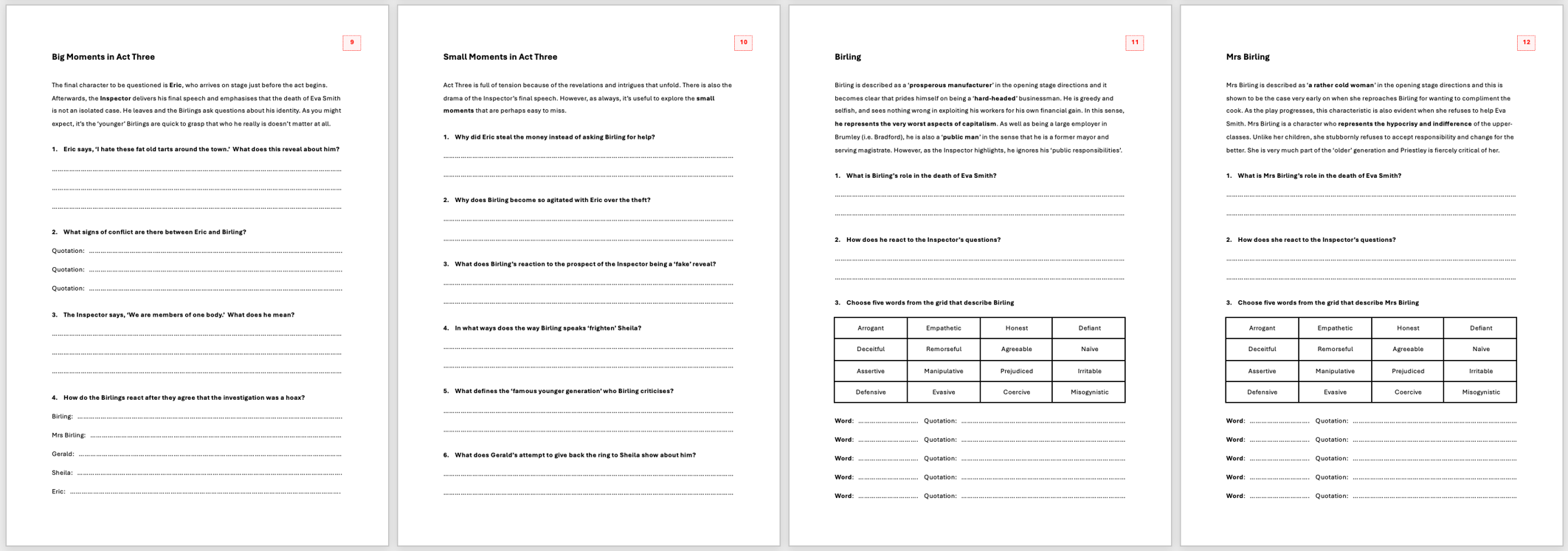30 x Worksheets on An Inspector Calls | GCSE Teaching Resource