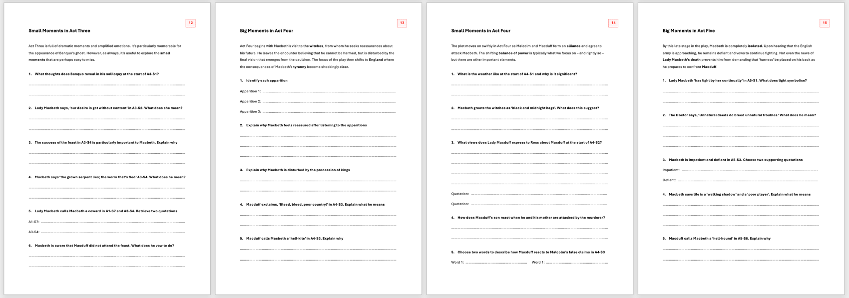 30 x Worksheets on Macbeth | GCSE Teaching Resource