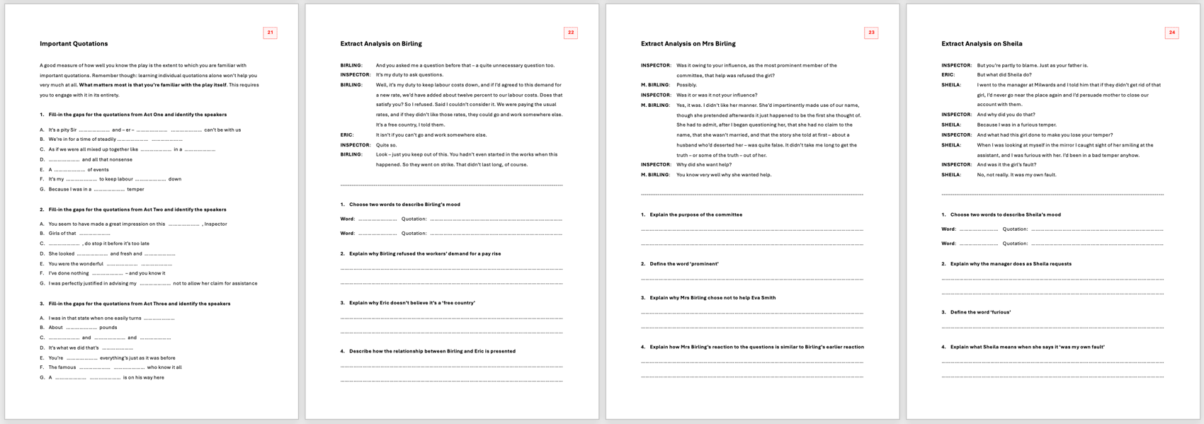 30 x Worksheets on An Inspector Calls | GCSE Teaching Resource