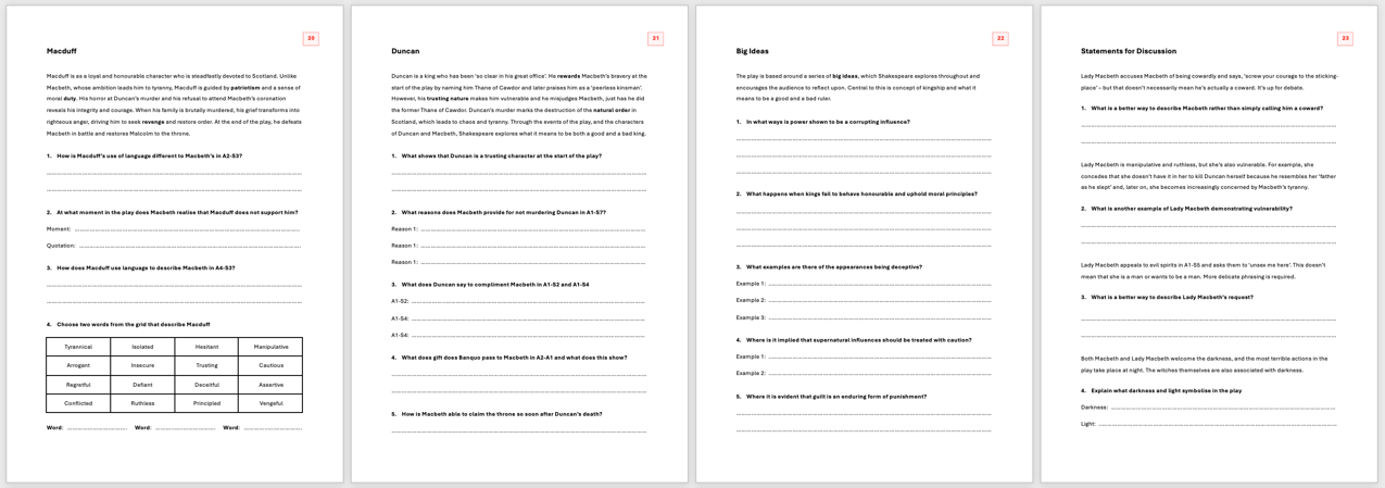 30 x Worksheets on Macbeth | GCSE Teaching Resource