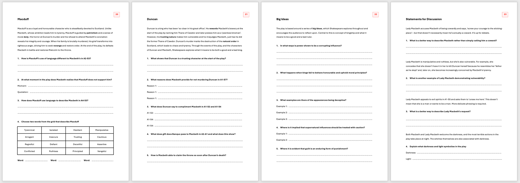 30 x Worksheets on Macbeth | GCSE Teaching Resource