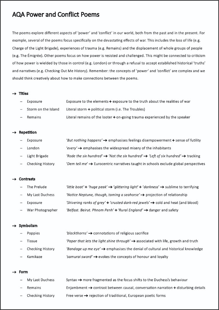Revision Notes for the AQA Power and Conflict Poems
