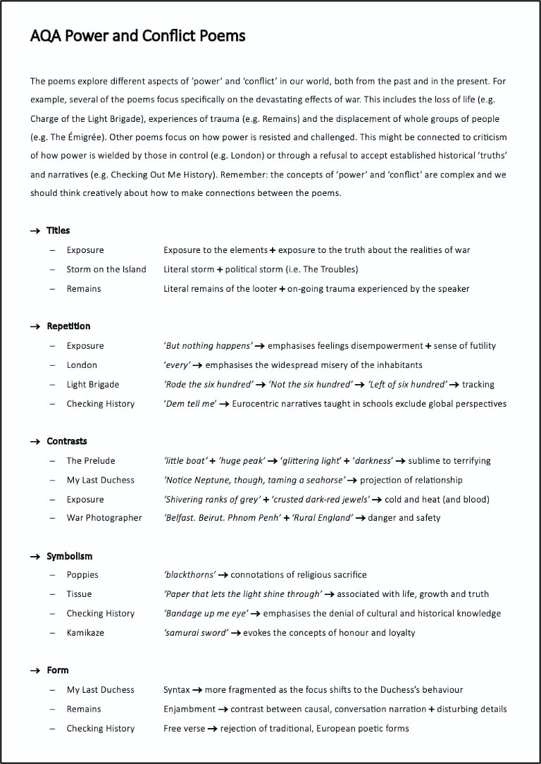 Revision Notes for the AQA Power and Conflict Poems