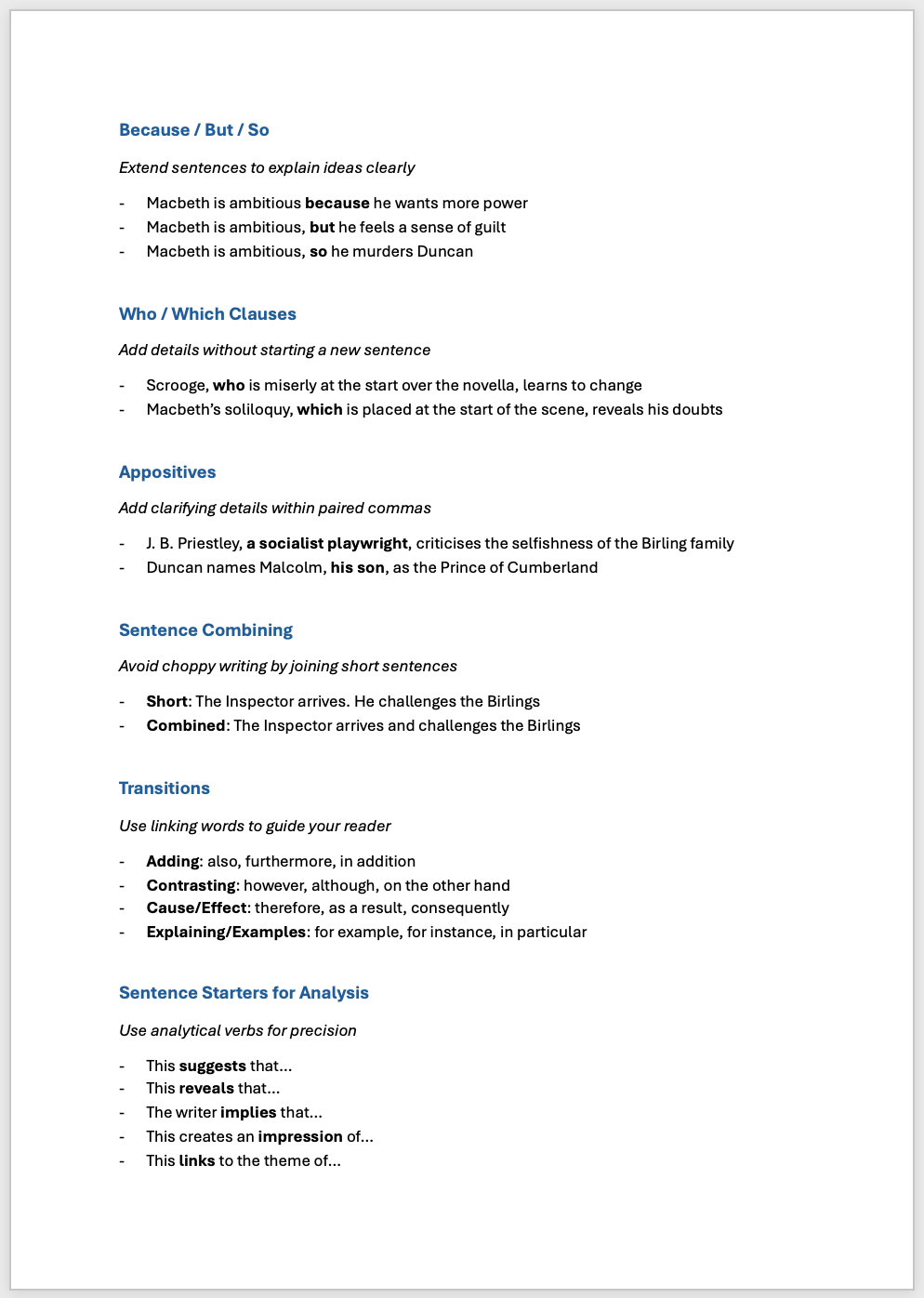 Building Sentences Reference Sheet
