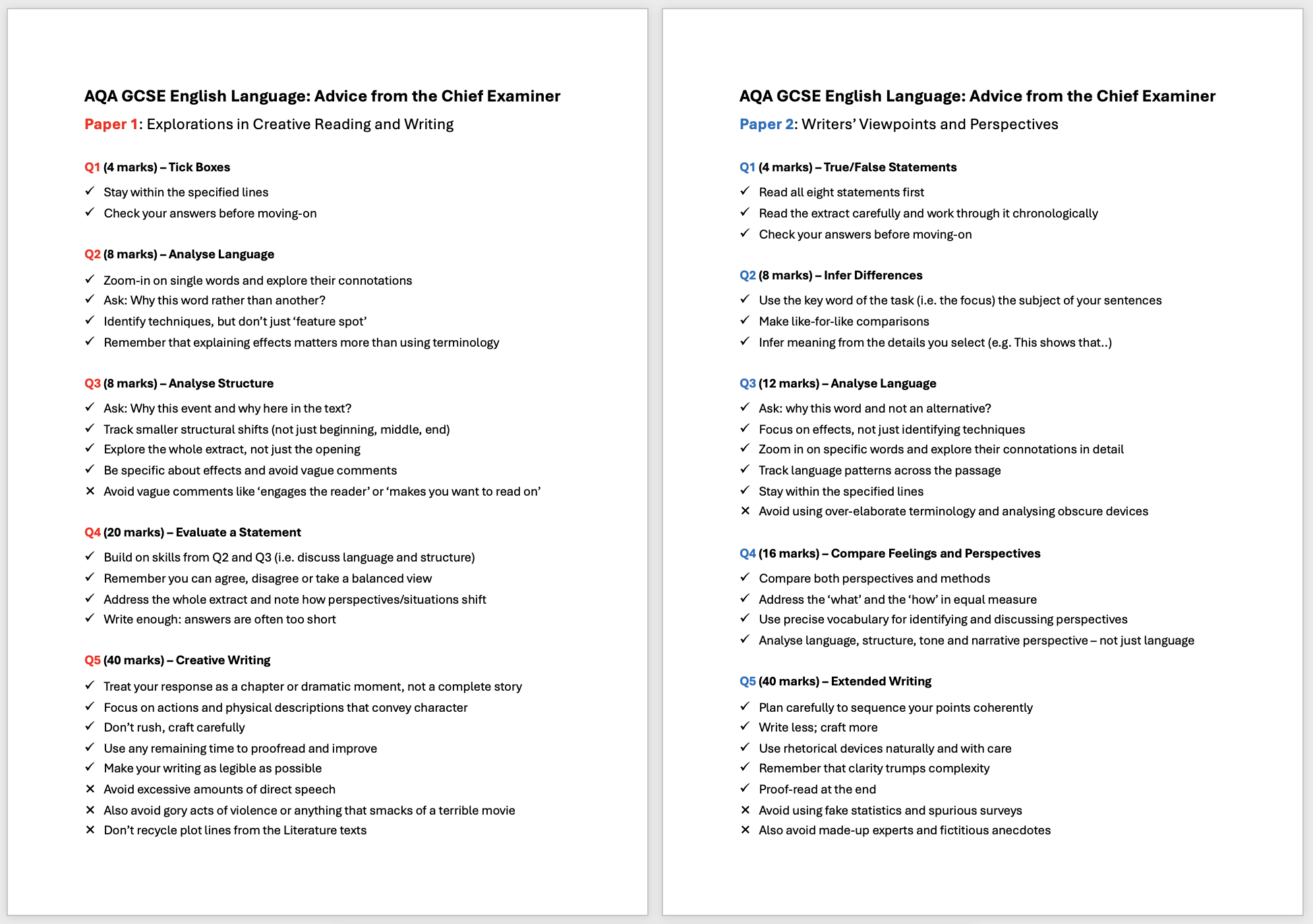 Chief Examiner Advice for GCSE English Language | KS4 Teaching Resource