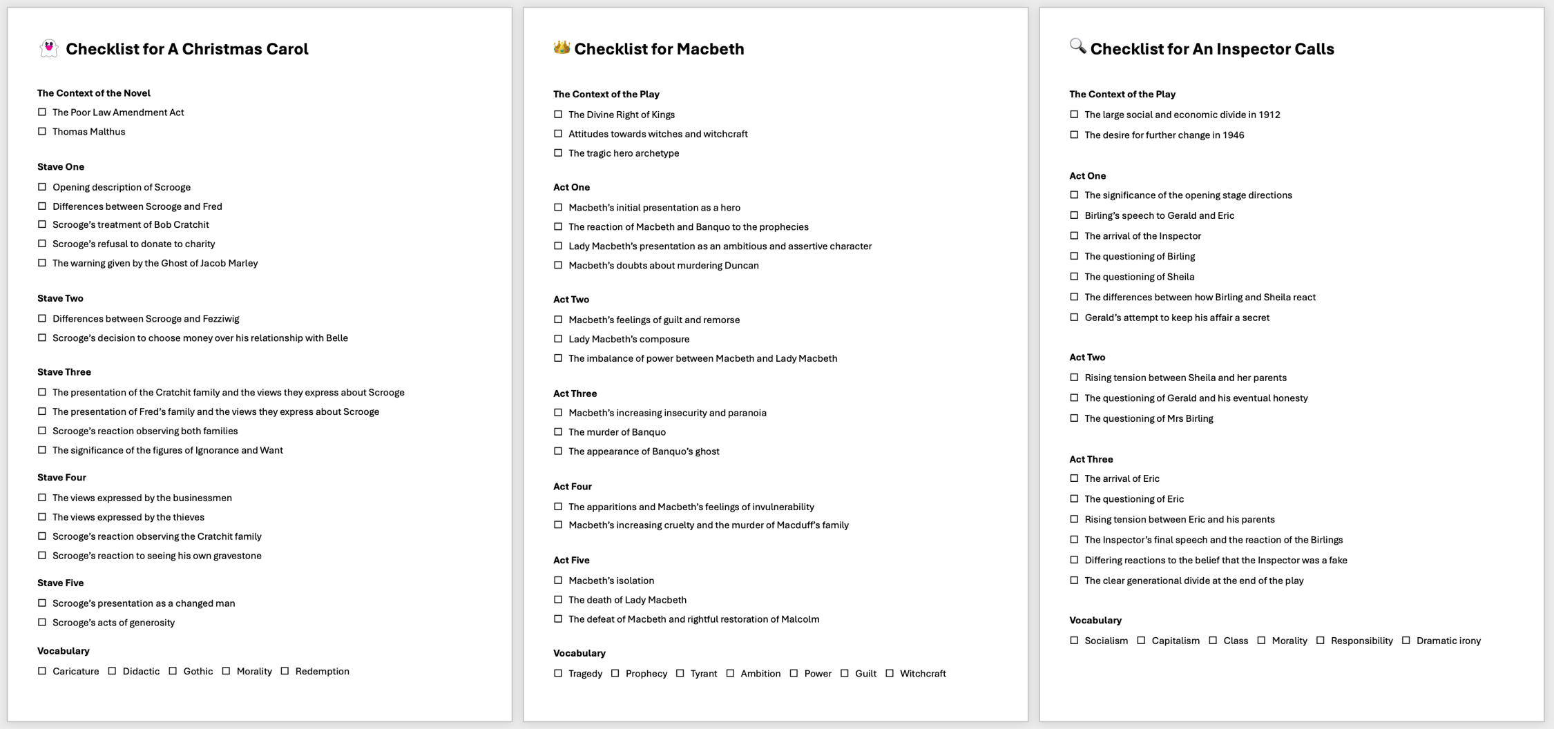 Revision Checklists for A Christmas Carol, Macbeth and An Inspector Calls