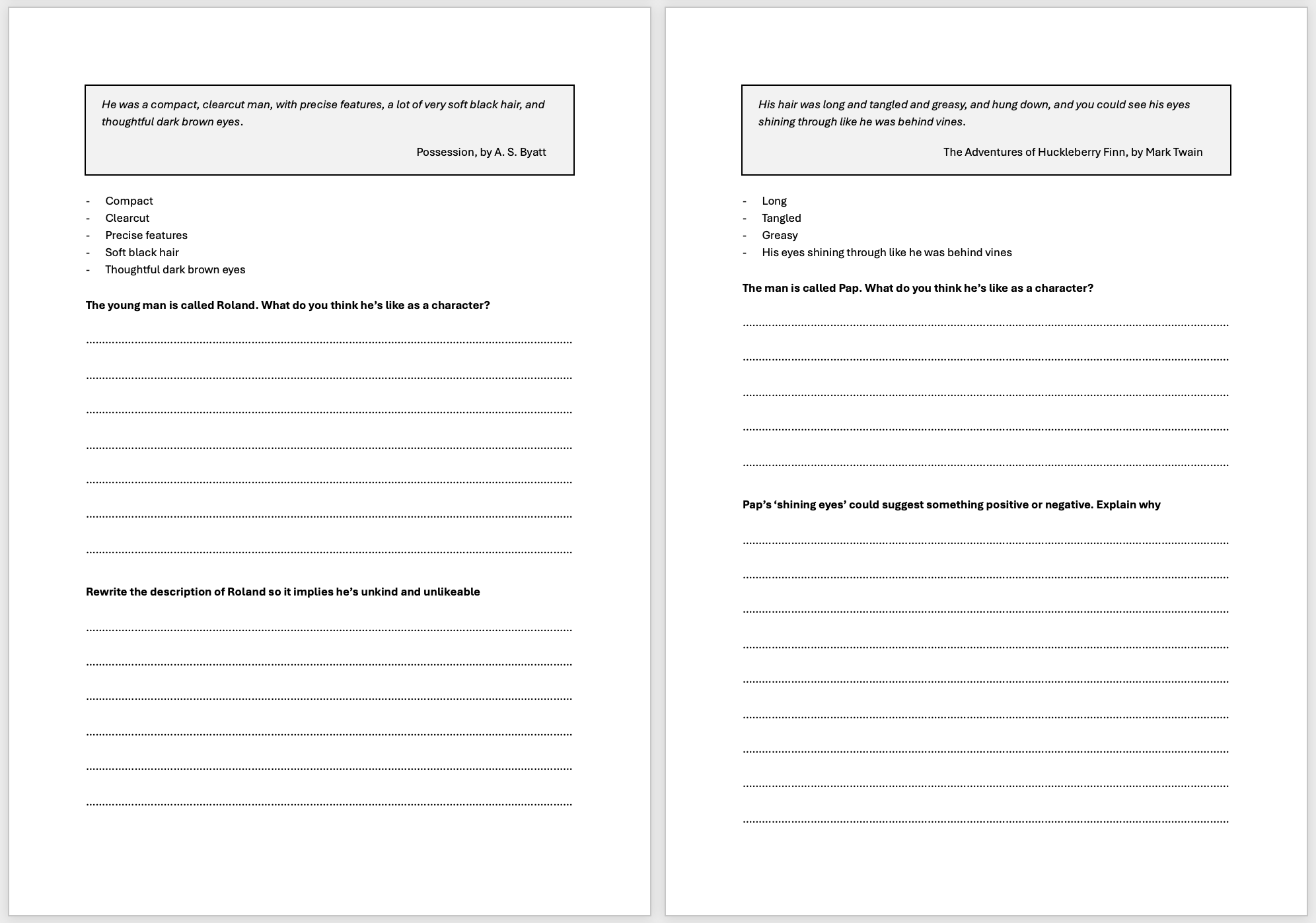 Developing Characters Booklet | KS3 and KS4 Teaching Resource