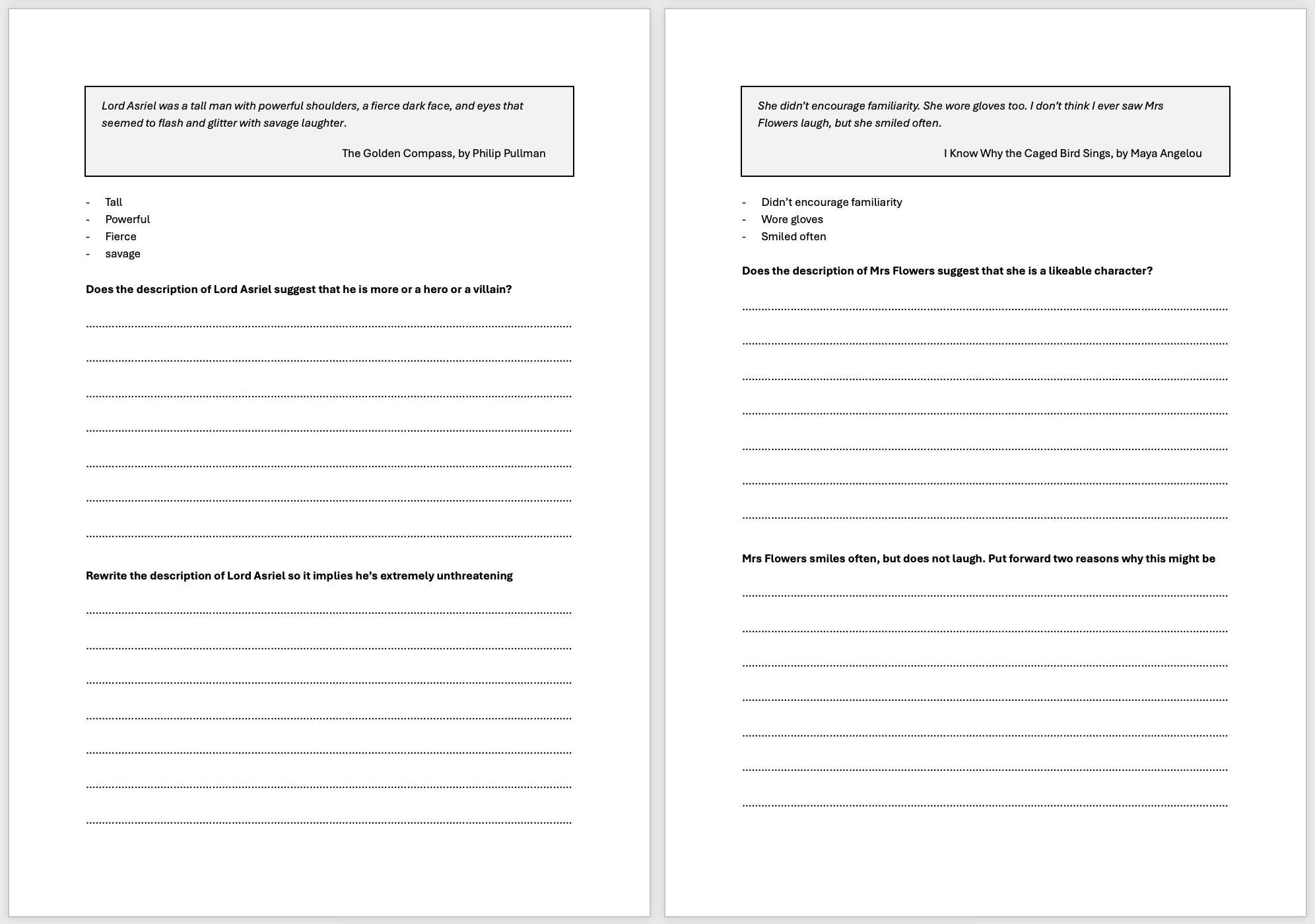 Developing Characters Booklet | KS3 and KS4 Teaching Resource