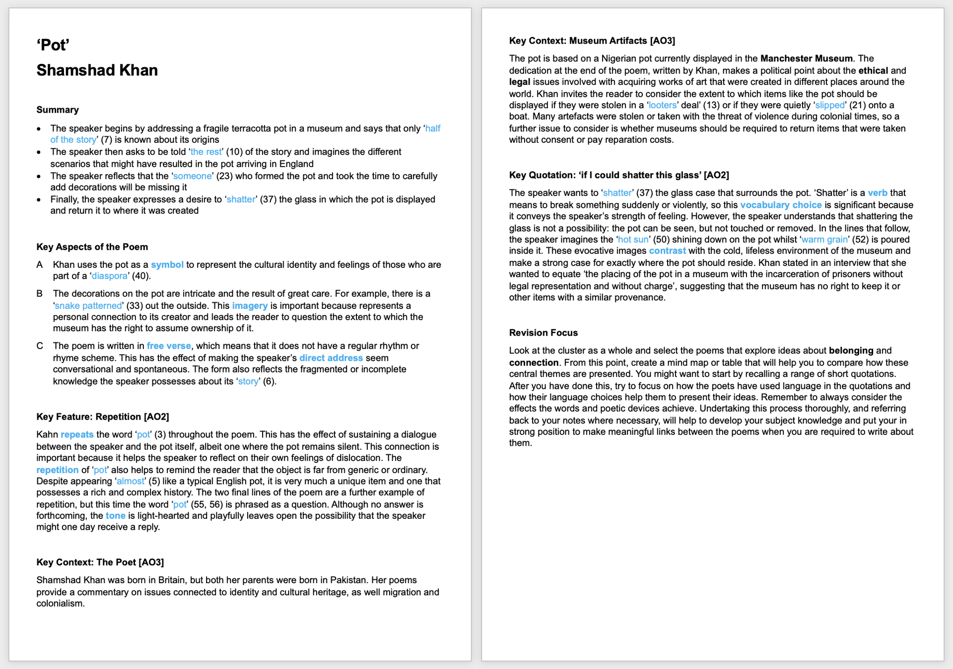 Notes on ‘Pot’ by Shamshad Khan | AQA Poetry Worlds and Lives