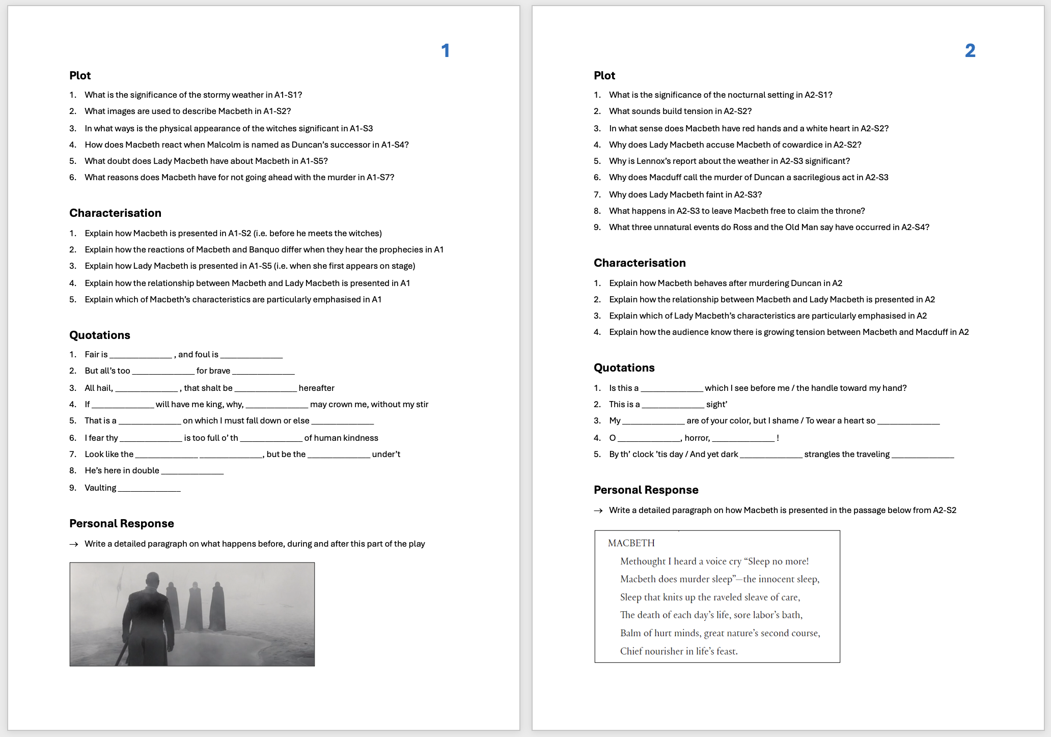 Act-by-Act Review Sheets for Macbeth
