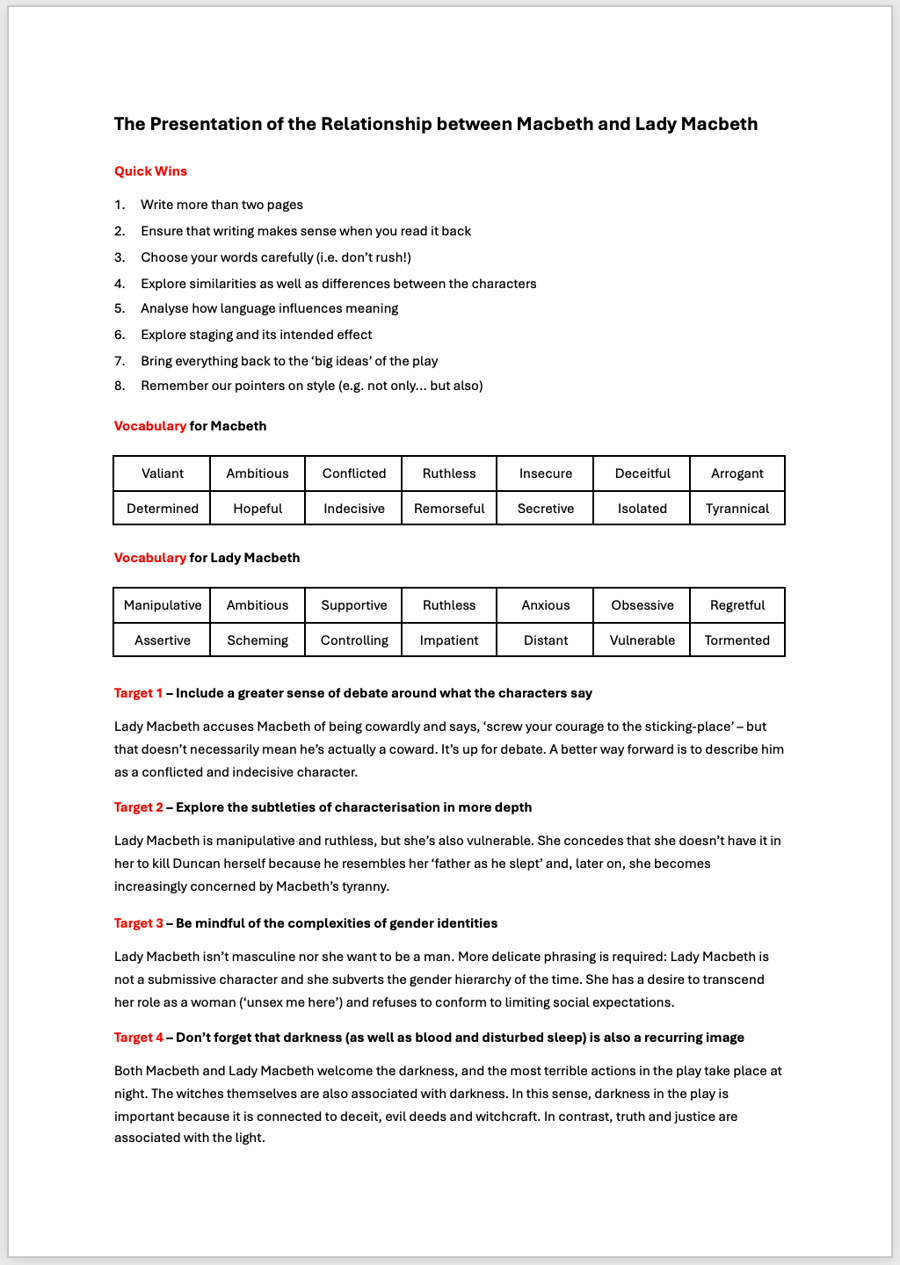 Feedback Sheet on Macbeth and Lady Macbeth | KS4 Teaching Resource