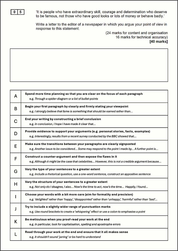 GCSE English Language Paper 2 Target Sheet for Question 5