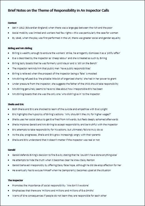 Brief Notes on the Theme of Responsibility in An Inspector Calls | KS4 ...