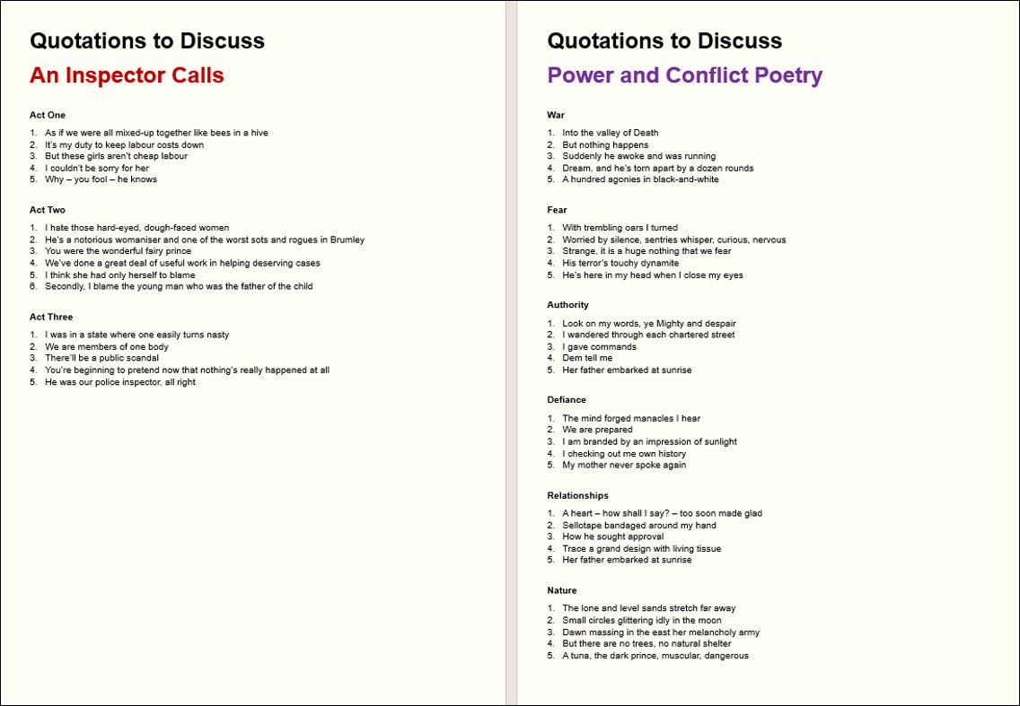Quotation Booklet for AQA English Literature Texts