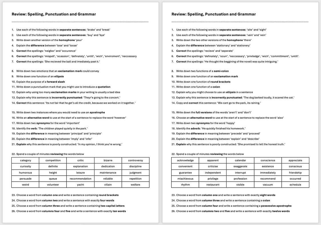 New Spelling, Punctuation and Grammar Review Sheets