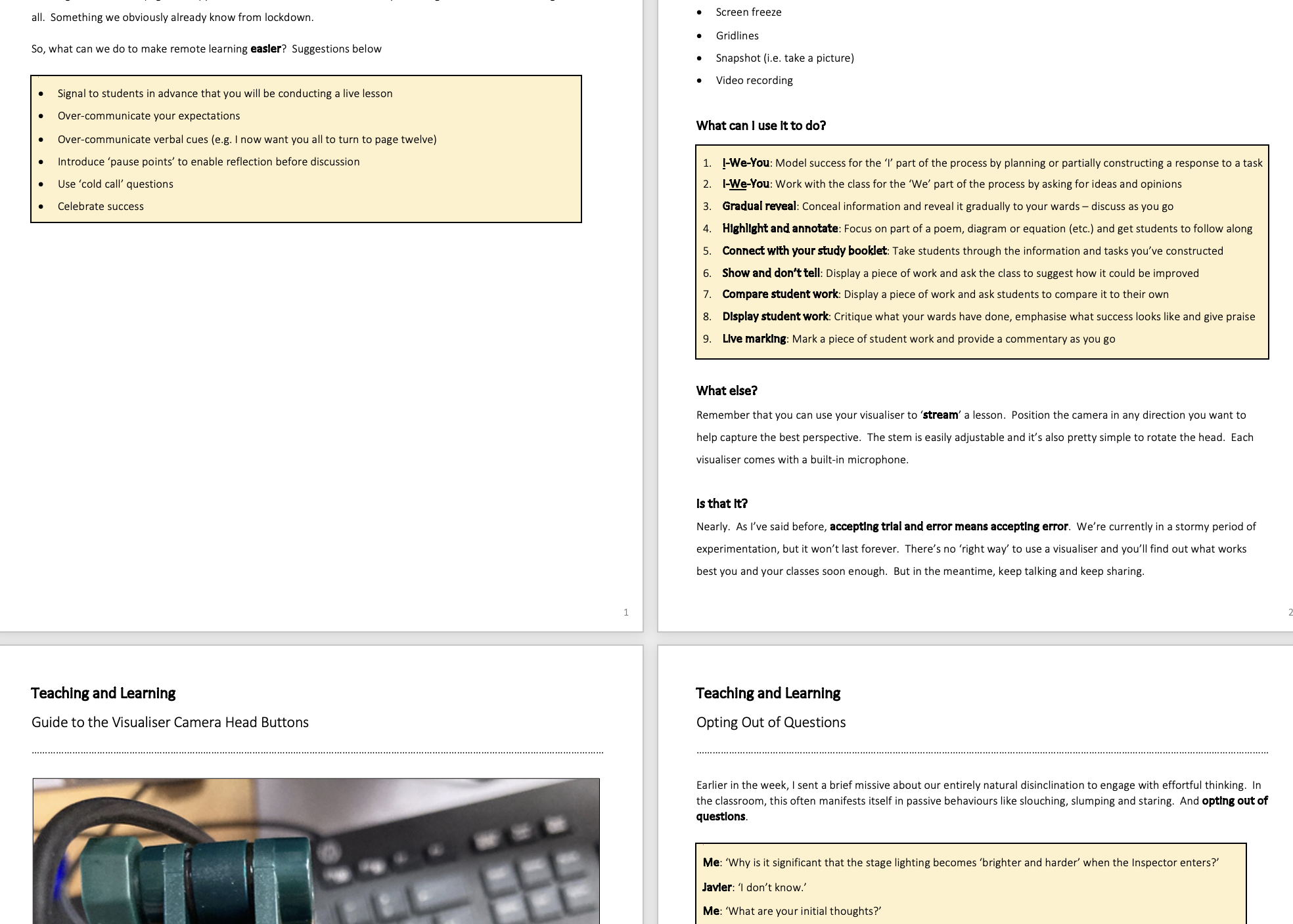 One-Page Teaching and Learning Overviews