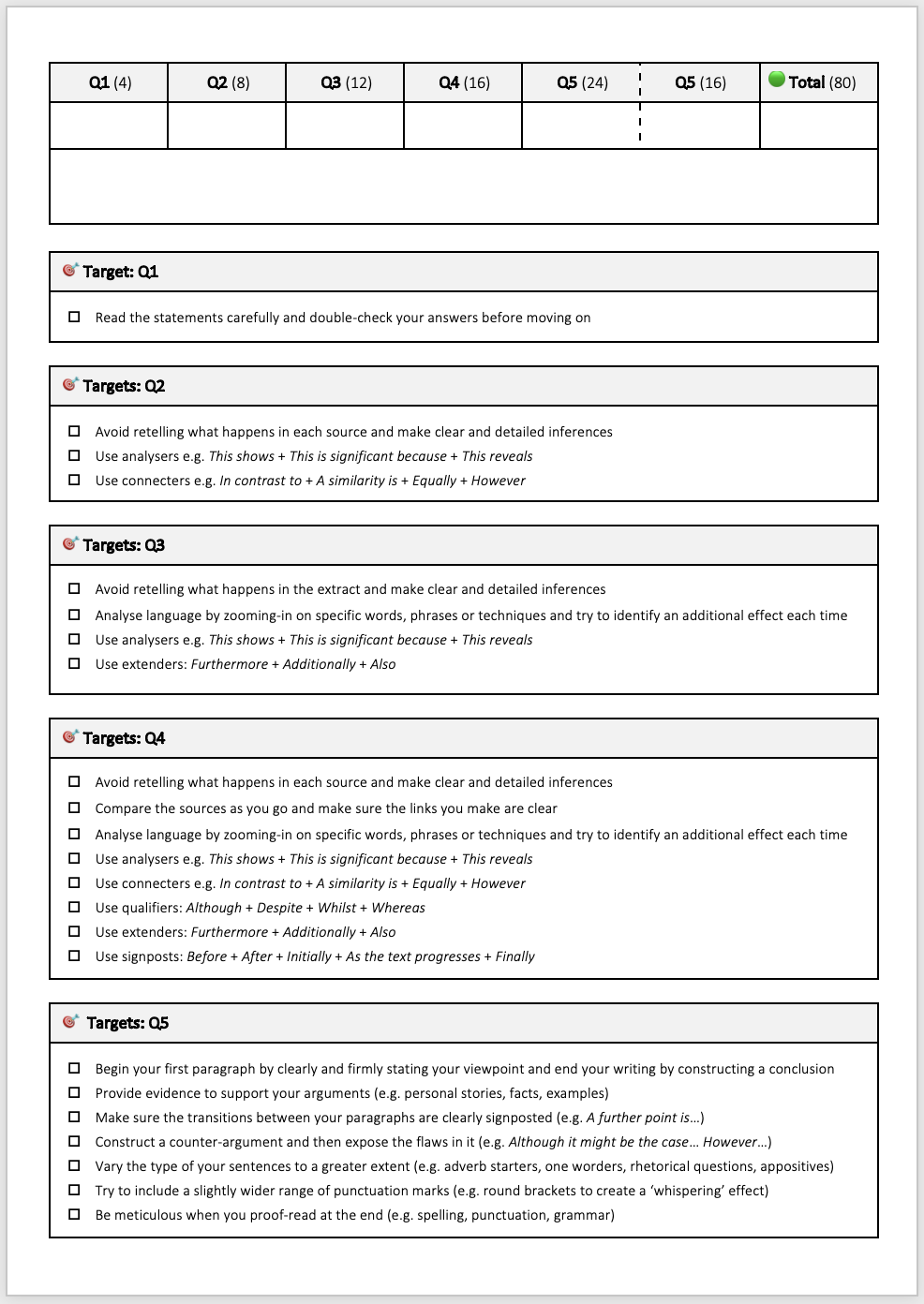 GCSE English Language Paper 2 Target Sheet