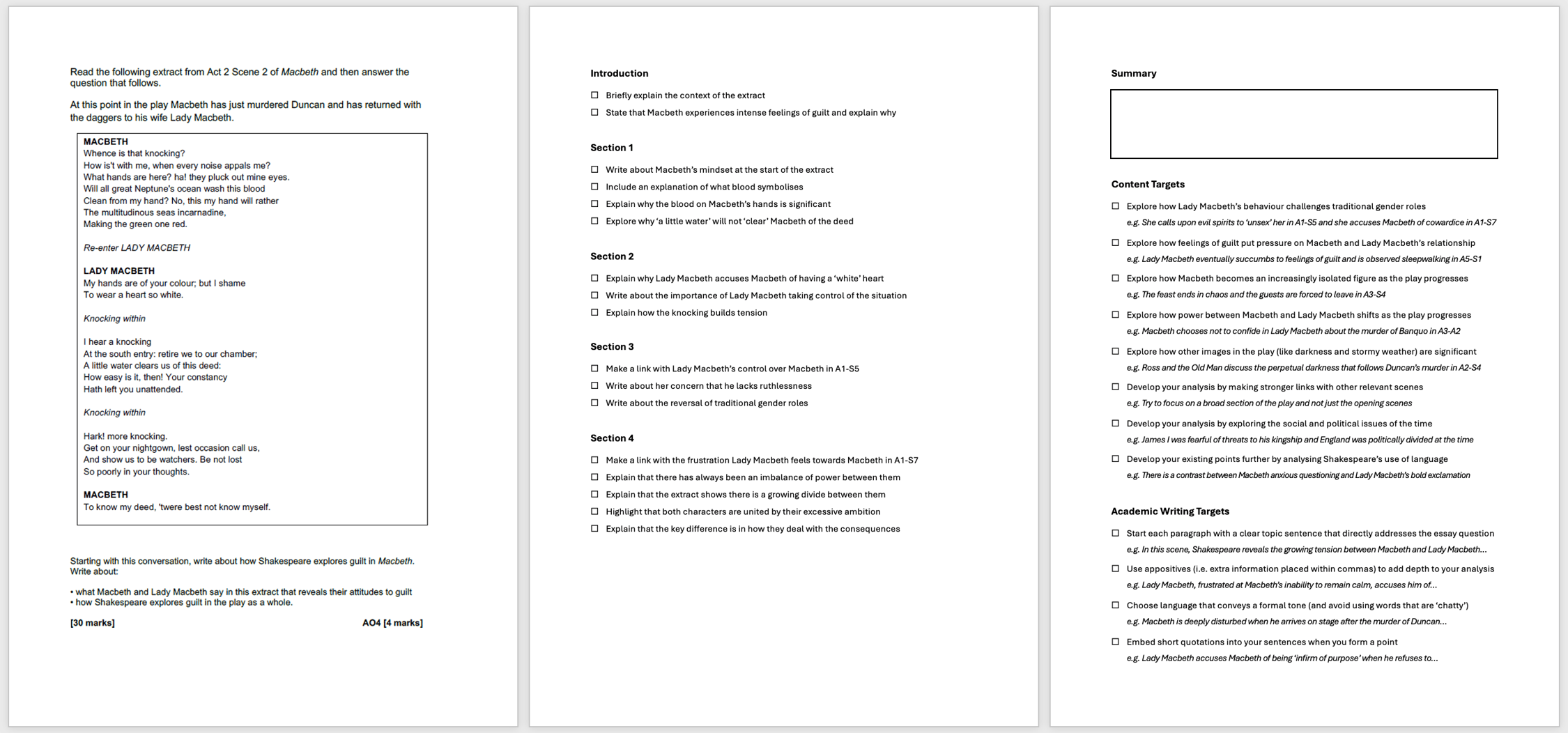Macbeth Essay Booklet Theme of Guilt | KS4 Teaching Resource