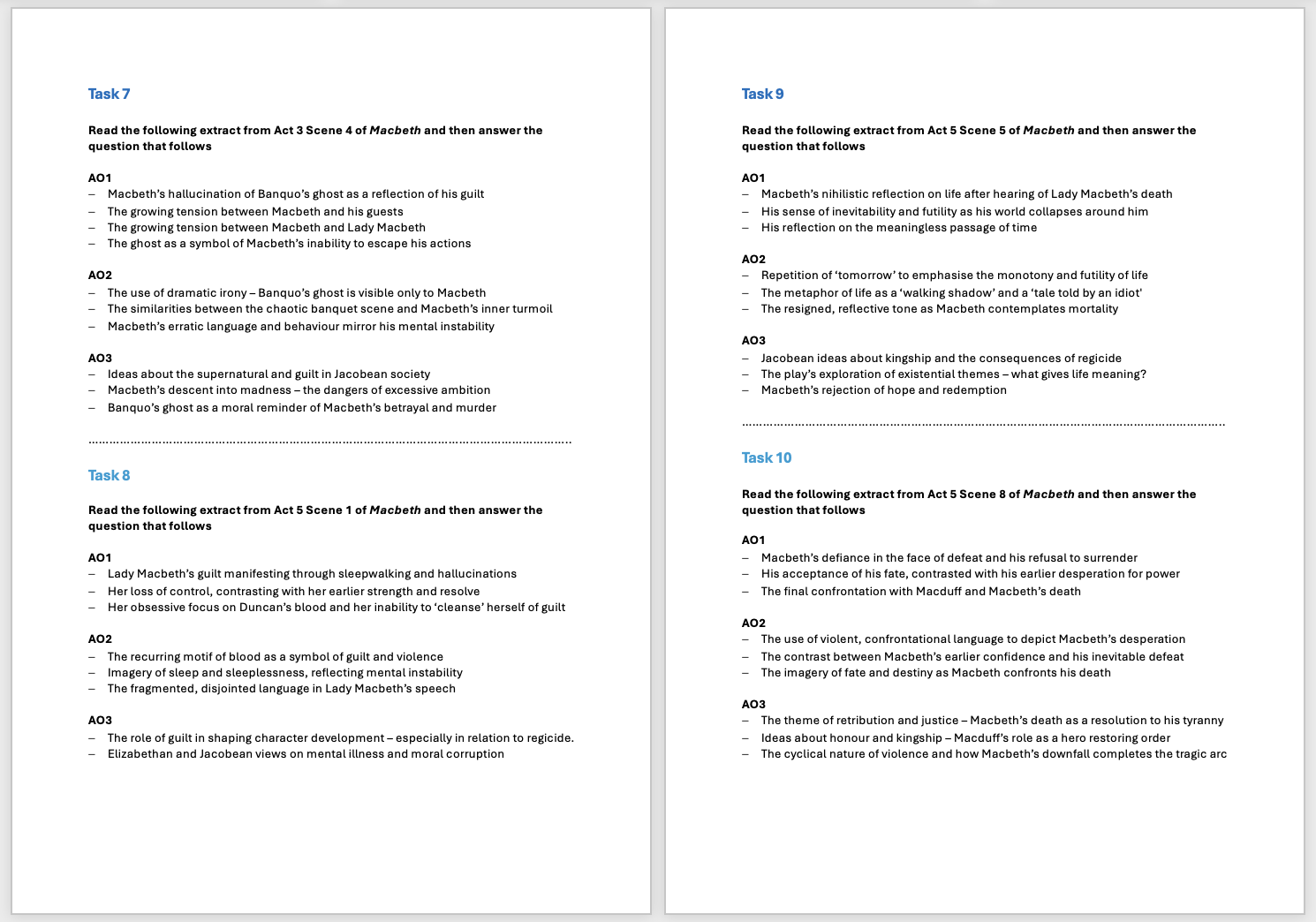 10 Exam Tasks for Macbeth | KS4 Teaching Resource