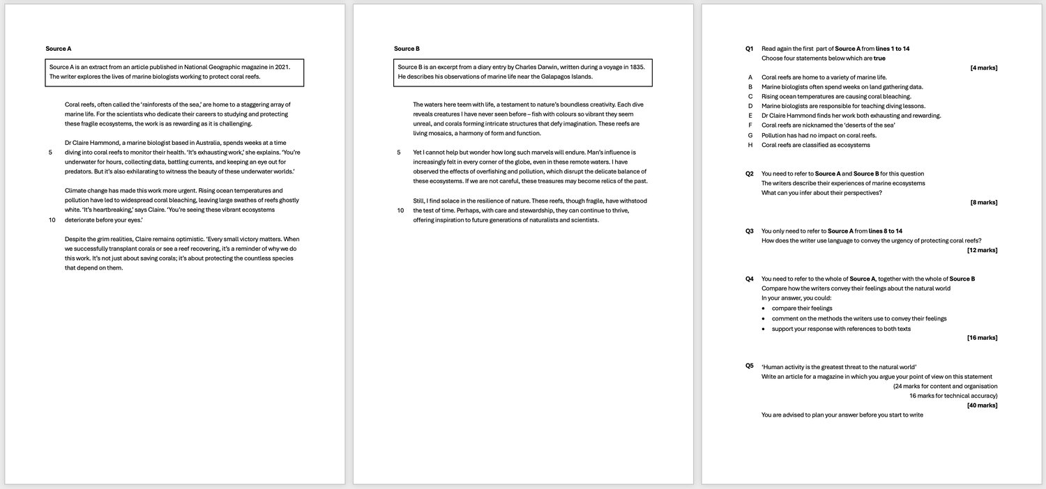 GCSE English Language Paper 2 Mini Mock Papers | KS4 Teaching Resource