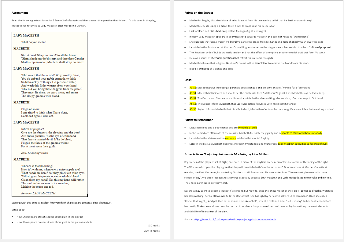 Two Essay Tasks and Guidance Sheets on Macbeth | KS4 Teaching Resource