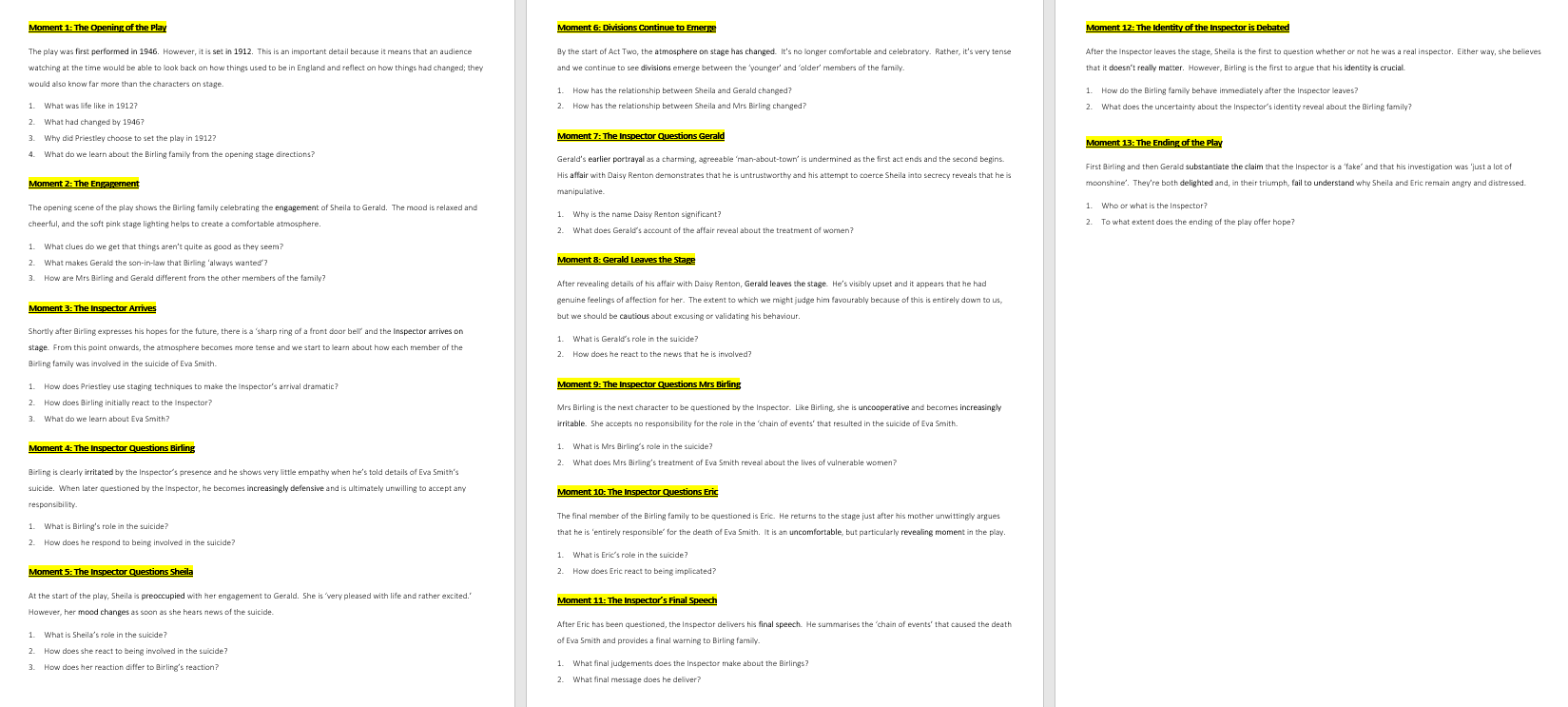 Summary of Key Moments in An Inspector Calls | KS4 Teaching Resource